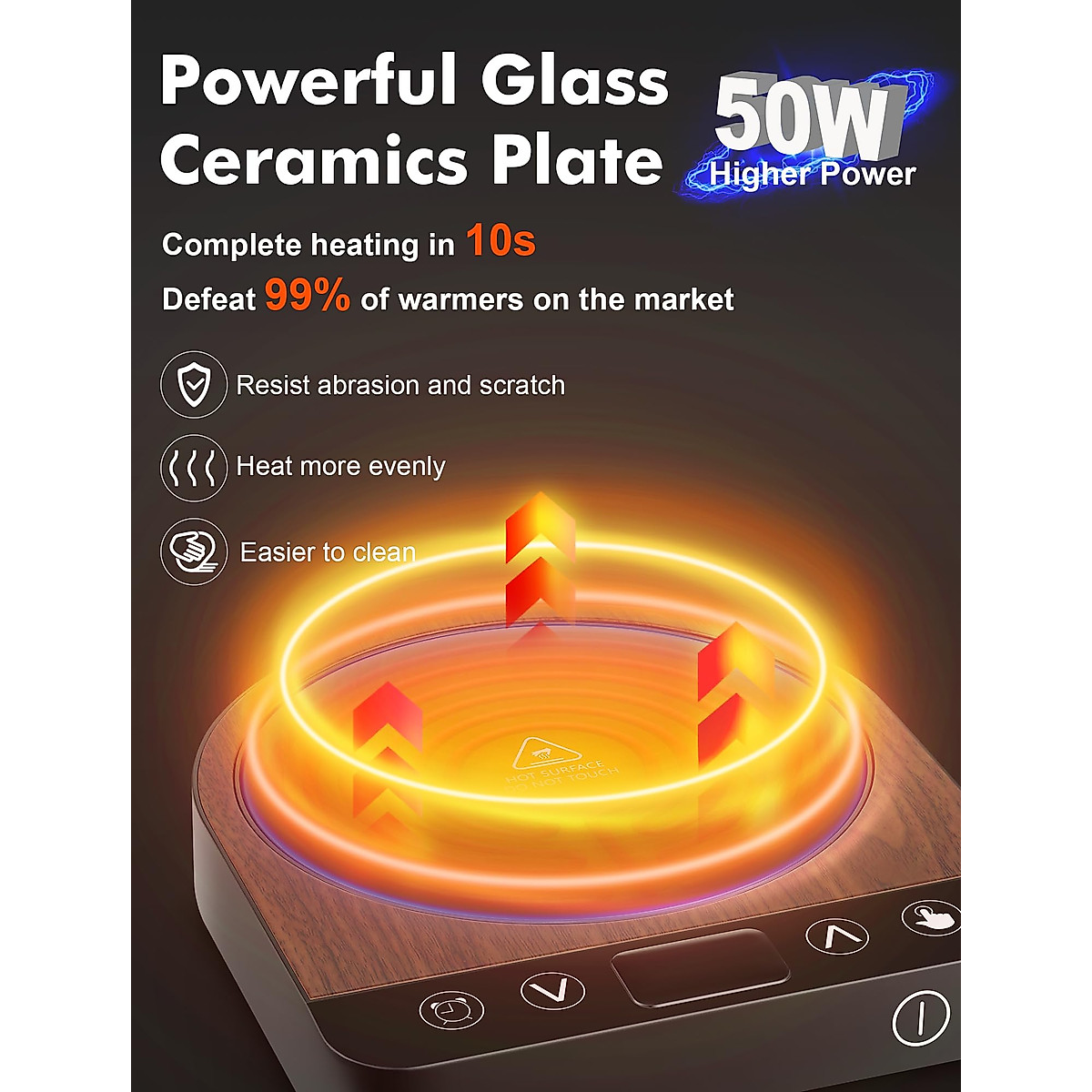 Rigstne Coffee Mug Warmer - 50W Mug Warmer for Desk, Coffee Cup Warmer Fast Heating, Candle Warmer Plate for Travel, Office and Home, 15 Temp Setting, Wood Grain