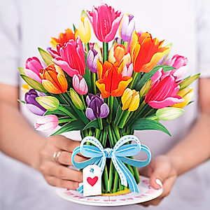 Paper Love HugePop Tulips Flower Bouquet 3D Popup Card, With Detachable Paper Bouquet, Gift for Birthday, Mothers Day, Anniversary, Thank You, All Occasion - Jumbo 10" x 14" Cards - Includes Envelope and Note