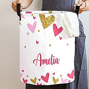 Valentines Hearts Pink Personalized Laundry Basket Clothes Hamper with Handles Waterproof ,Collapsible Laundry Storage Baskets for Bathroom,Bedroom Decorative 19.7"Hx14.2"D