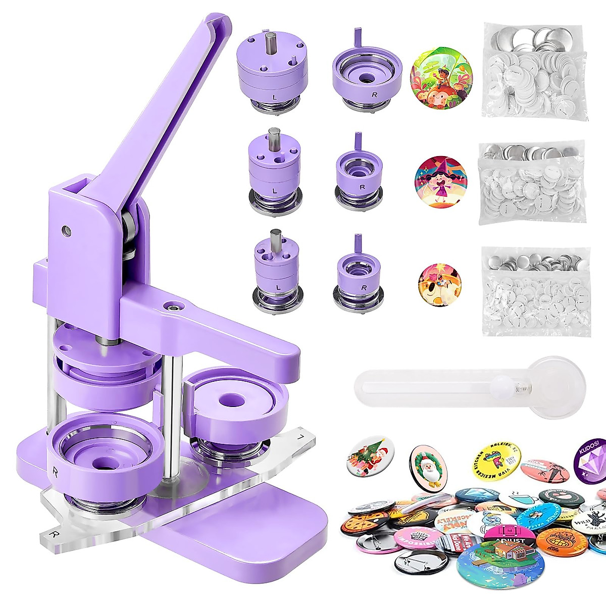 Alldeer 1+1.25+2.25 Inch Button Maker Machine Multiple Sizes - Pin Making Kit for Kids, DIY Button Maker Pin Button Machine with 300 Sets of Button Parts(Metal Cover, Plastic Pin Backs, Plastic Film)