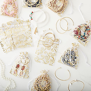 Organza Gift Bags, Drawstring Pouch, Gold Swirl Design for Wedding (120 Pack)