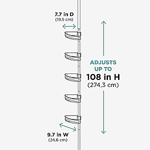 Zenna Home NeverRust Aluminum Tension Pole Shower Caddy, 5 Basket Shelves, Adjustable, 60 - 108 Inch, Satin Chrome & Gray