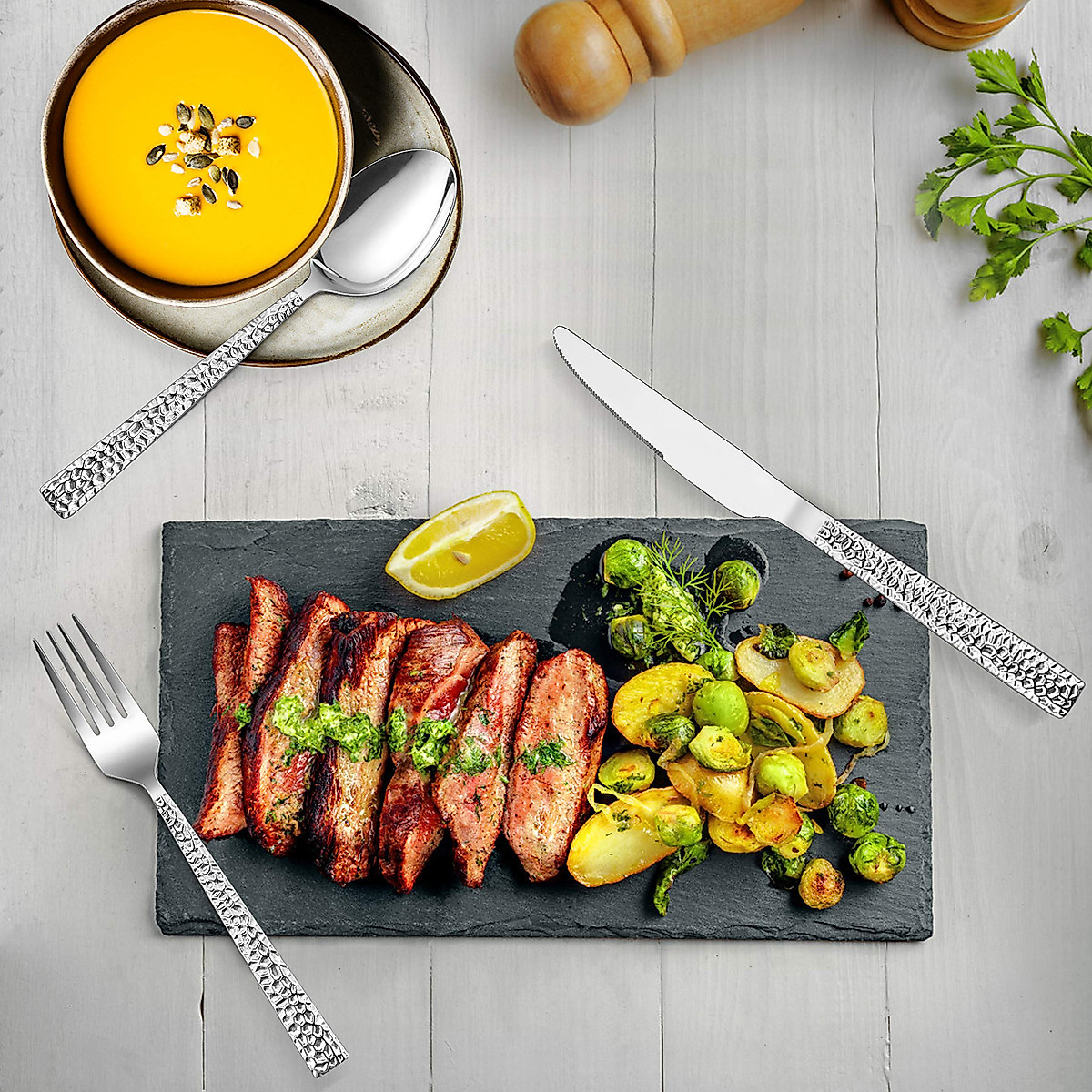 65-Piece Silverware Set with Serving Pieces, E-far Stainless Steel Hammered Flatware Eating Utensils Service for 12, Modern Tableware Cutlery Set with Square Edge, Mirror Polished, Dishwasher Safe