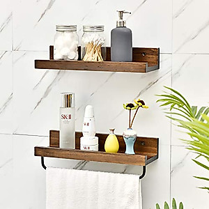 WELLAND Dayton Floating Shelves Set of 2 Wood Picture Ledge Wall Mounted Storage Shelf with Hooks for Kitchen, Bathroom