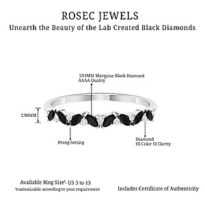 Lab Created Black and White Diamond Ring, Marquise Cut Created Black Diamond Semi Eternity Ring, 14K White Gold, Size:US 8.00