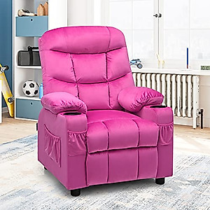 COSTWAY Larger Kids Recliner Chair, Adjustable Lounge Recliner w/ 2 Cup Holders, 1 Side Pocket, 2 Front Pockets, Footrest, Velvet Fabric Recliner for Boys & Girls, Ideal for Bedroom (Pink)