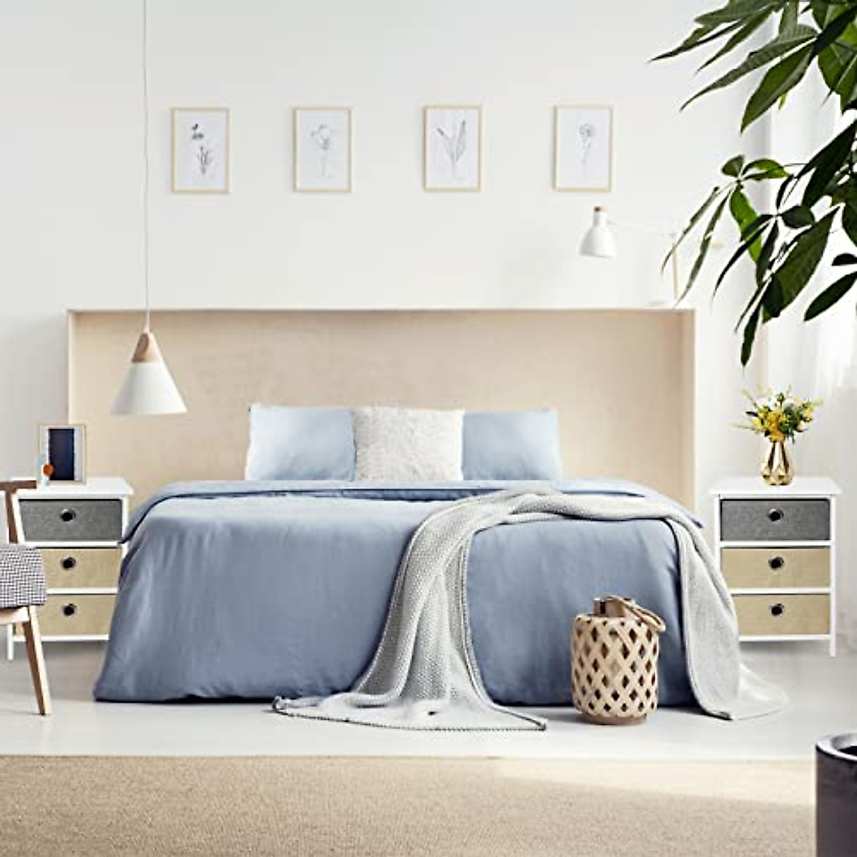 Nightstands Set of 2, with 3 Drawers, Wood Nightstand, Contrasting Colors Fabric Drawers, Easy Assembly Bedside Tables for Bedroom, College Dorm, Sturdy WhiteWood Frame, Wood Top, Easy Pull Handle.