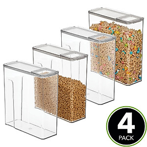 mDesign Airtight Plastic 4.8 Quart Food Storage Container with Lid for Kitchen, Pantry; Dispenser for Cereal, Holds 2 Regular Boxes or 1 Family Size Box; Pasta, Snacks; Ligne Collection, 4 Pack, Clear