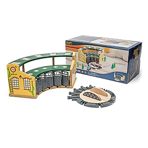 maxim enterprise, inc. Wooden Train Round House Combo with Rotating Turntable, Train Shed to House 5 Engines or Cars, Wooden Train Track Accessories Compatible with Major Brand Railway Sets