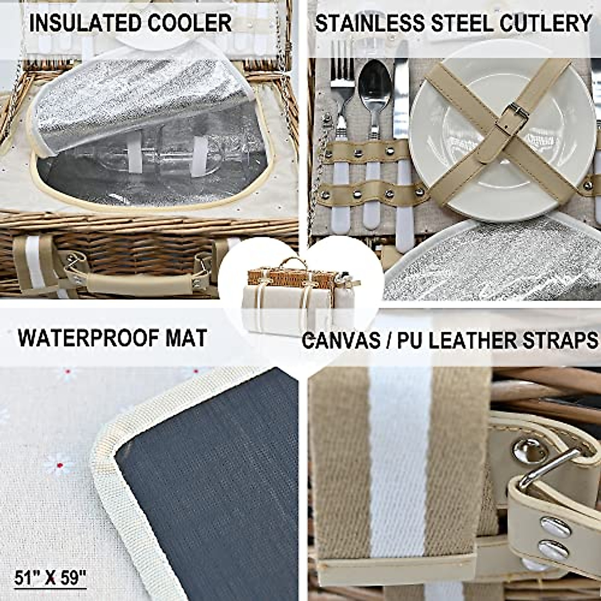 19Pcs Picnic Basket for 2 with Insulated Liner and Waterproof Picnic Blanket Wine Pouch, Large Wicker Picnic Hamper for Camping,Outdoor,Valentine Day,Thanks Giving,Birthday Christmas for Couples