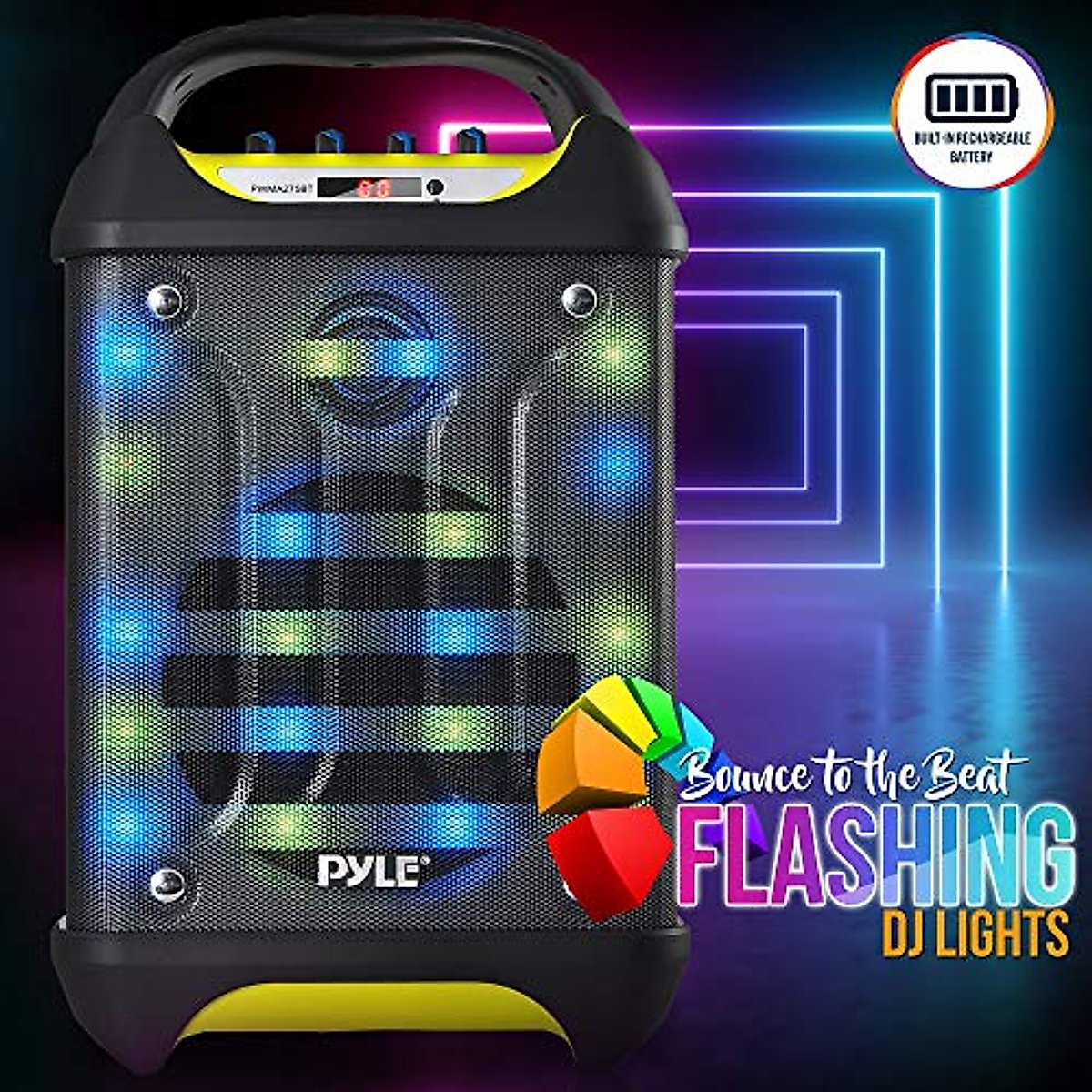 Pyle Portable Bluetooth Karaoke Speaker System - Audio Recording Function, 32 GB USB/SD Card Support, Built-in Rechargeable Battery, Flashing DJ Light w/ Music Streaming & Handheld Mic PWMA275BT