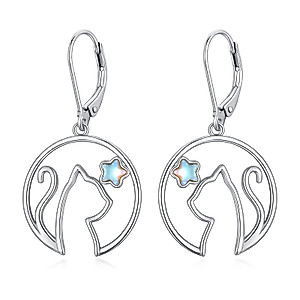 Cat Earrings with Moonstone 925 Sterling Silver Kitten Dangle Dangling Drop Charm Leverback Earrings Animal Jewelry Gifts for Women