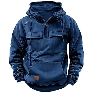 PARREN Men's Tactical Sweatshirt Casual Western Cargo Pullover Workout Hoodie Lightweight Gym Athletic Sweatshirt Blue