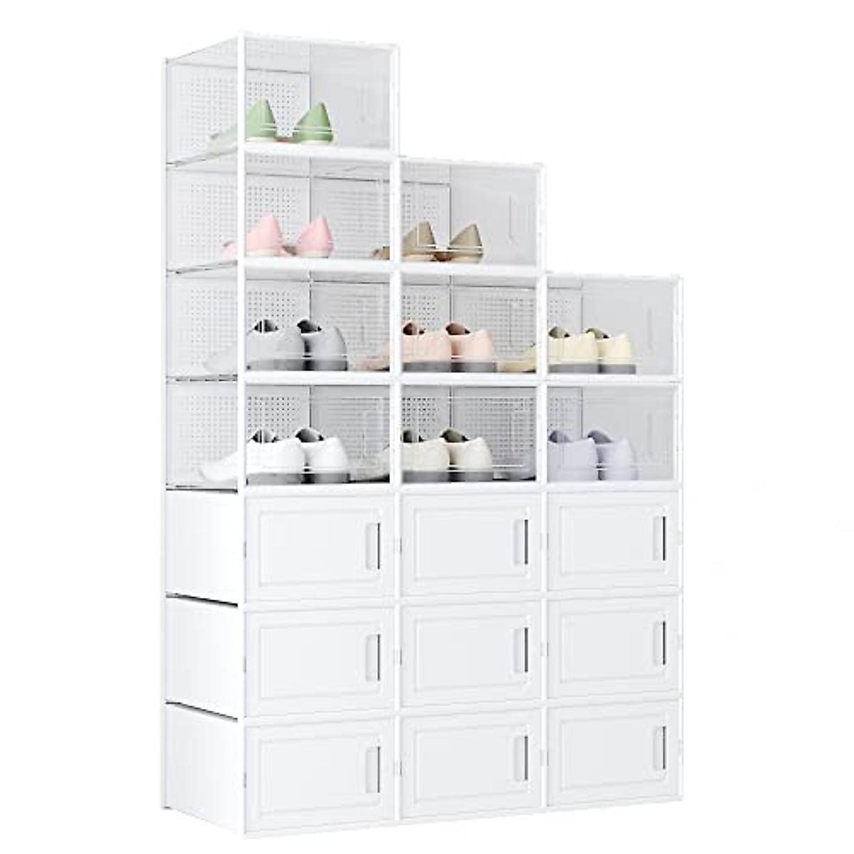 WAYTRIM 18 Pack Plastic Shoe Storage Box Flodable Shoe Storage Organizer Drop Front Shoe Storage Bins with Lids for Women Size 11,Saving Space Sneaker Shoe Container for Closets,Clear and White Set