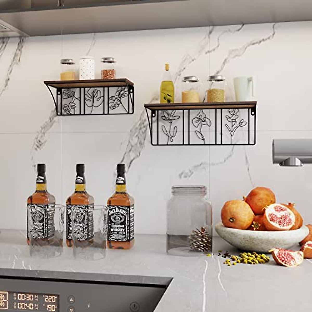 QUTREY Plant Wall Art Floating Shelves Set of 2, Minimalist Metal Abstract Decor Rustic Wooden Shelf for Living Room, Bedroom, Bathroom