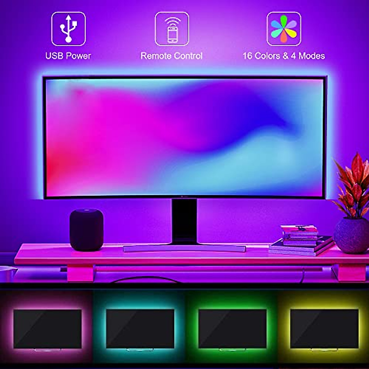 KUTEWEU TV Led Backlight kit with Remote with 16 RGB Colors,4 Modes and 10 Levels of Brightness Adjustment for 24-65 inch TV,Home Movie,Desktop PC Monitor,Home Theater etc, Non-Waterproof (1M/3.3Ft)