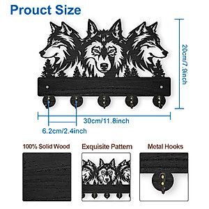 MAYJOYDIY Wood Wolf Wall Mount Coat Rack 11.8×8inch Wolf Forest Key Holder for Wall Coat Rack Wolf Key Hook 5 Alloy Hooks Animal Theme Wall Art Hook Gift for Hallway Office Living Room