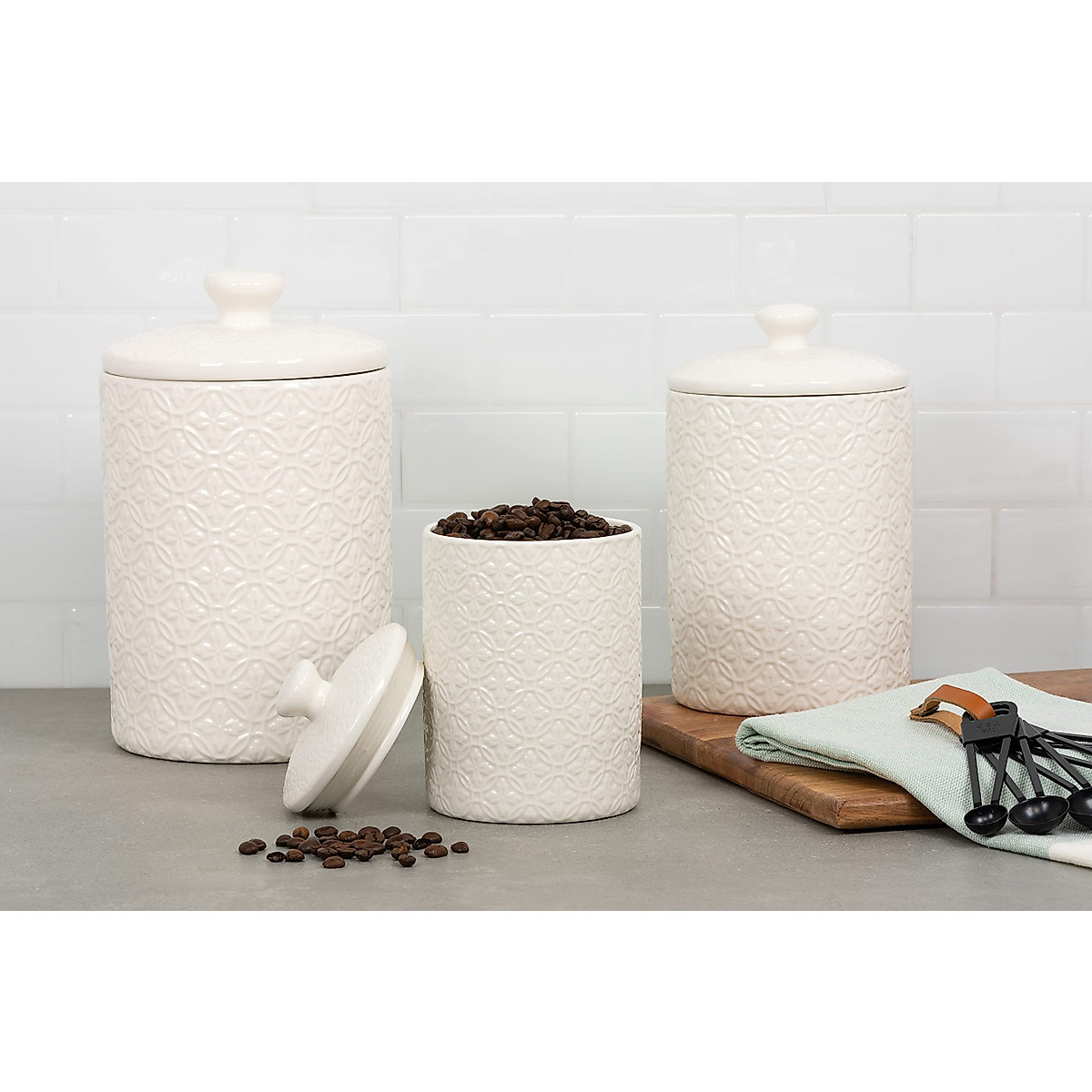 10 Strawberry Street Kitchen Canister, 3 Piece Set, Hampton White
