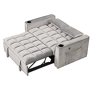 3 in 1 Upholstered Futon Sofa Convertible Twin Sofabed ,Foldable Tufted Loveseat with Pull Out Sleeper Couch Bed, Space Saving Love Seat Daybed W/Side Pockets ,USB Ports & Cupholders for Living Room