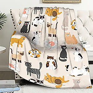 YRAQLVU Cat Throw Blanket - Cat Gifts for Cat Lovers Soft Flannel Bed Blanket Cozy 50x60 inch Winter Cute Animal Blanket for Couch (Beige Cat)
