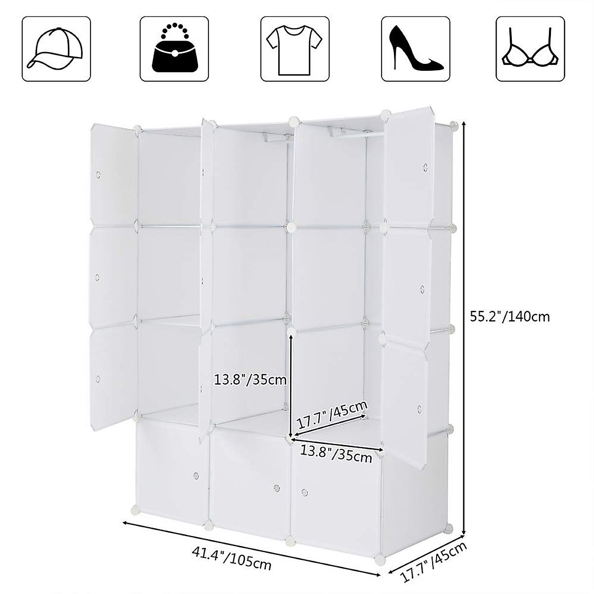 Practical and Stylish Multifunctional Modular Closet Cabinet with Stackable Plastic Cube Storage Shelves and Hanging Rod