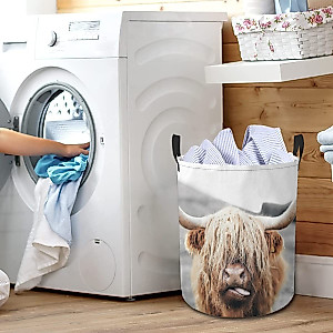 Omw2fyb Funny Highland Cow Head Laundry Basket Fabric Collapsible Organizer Basket for Storage Bin Toy Bins Gift Baskets Bedroom Clothes Nursery Hamper, 17'' H x 13.6''D