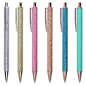 U-RIGHT Cute Retractable Ballpoint Pens for Women Girls, Fancy Decorative Glitter Body, Medium Point Black Ink, Smooth Colored Gifts, 6 Pack