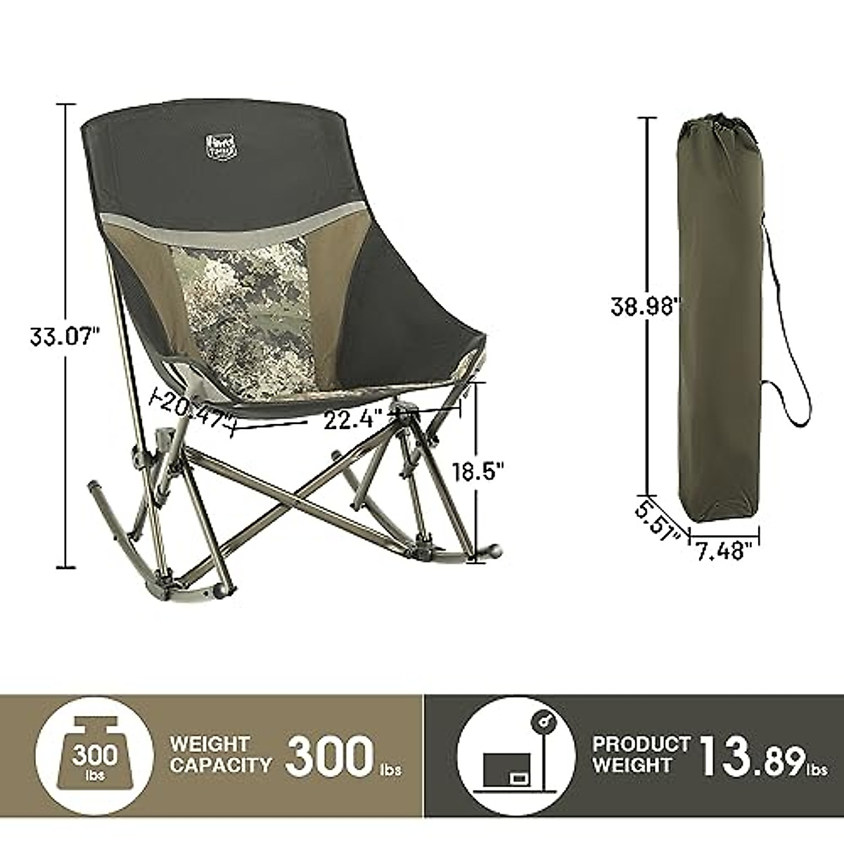 TIMBER RIDGE Portable Rocking Camping Adults Patio Rocker Chair Foldable for Lawn, Yard, Indoor, Support up to 300 lbs, Carry Bag Included, Camo