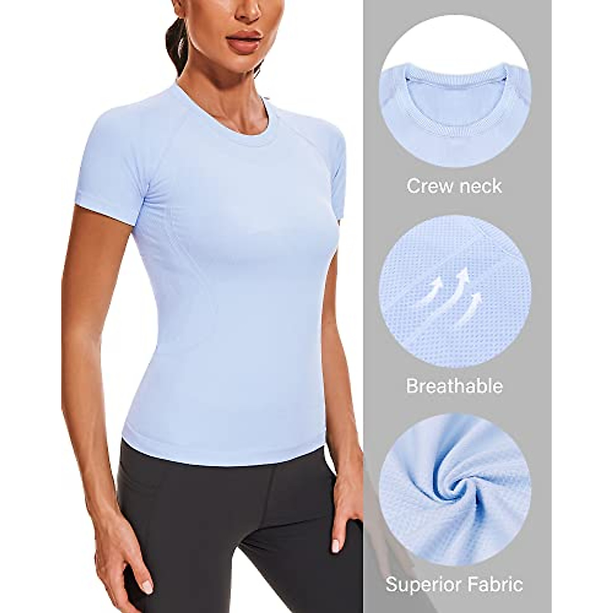 Stelle Women Workout Shirts Seamless Short Sleeve Yoga Tops for Sports Running Breathable Athletic Slim Fit (Short Sleeve-Blue,S)