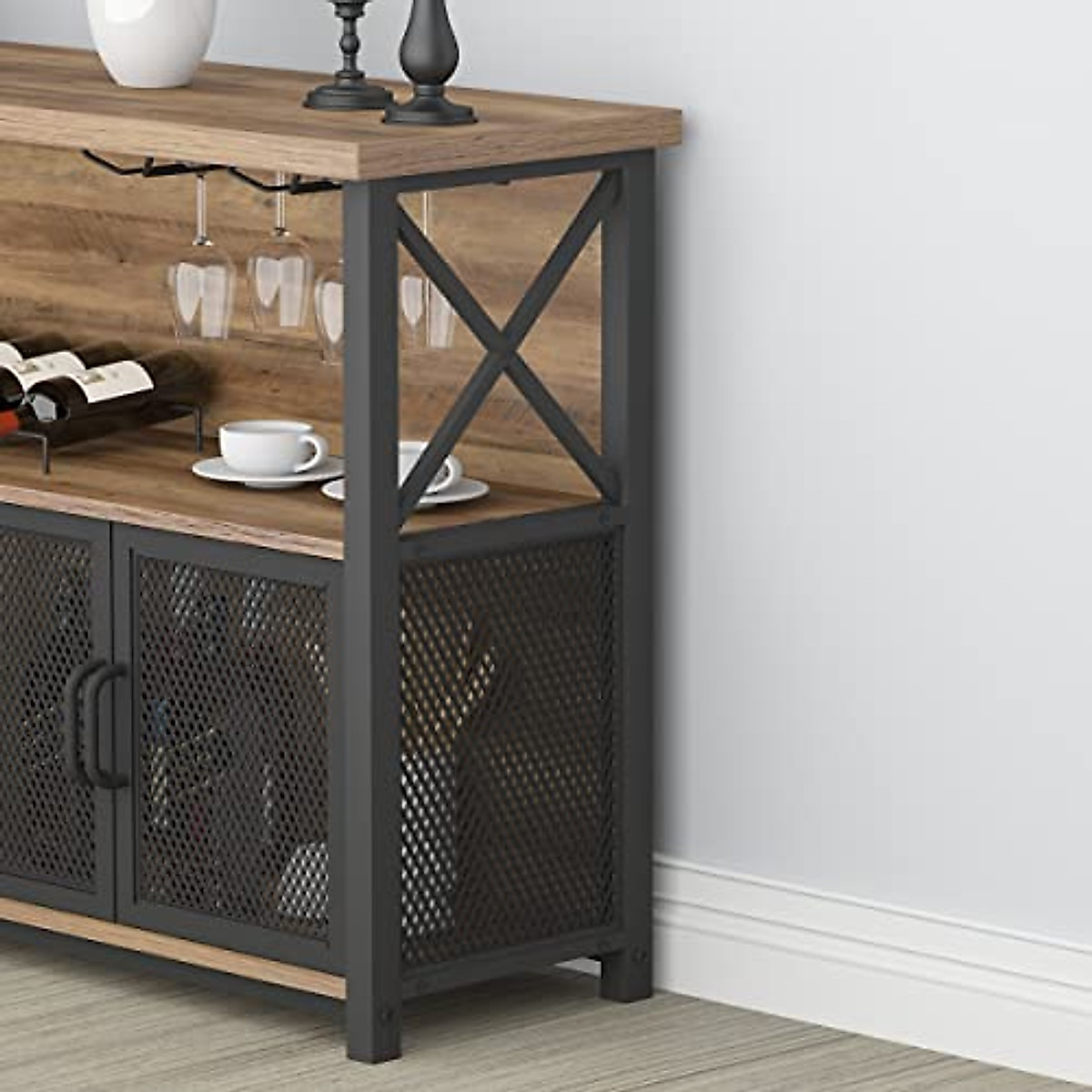 LVB Wine Bar Cabinet, Industrial Sideboard Buffet/Coffee Bar Cabinet for Liquor and Glasses, Farmhouse Metal Wood Rack Cabinet for Home Living Dining Room Kitchen, Rustic Oak, 47 Inch