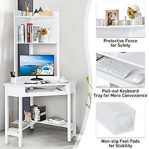 COSTWAY Corner Desk with Hutch, Compact Corner Computer Desk, Study and Writing Table with Keyboard Tray & Bottom Shelves, Space-saving Laptop PC Desk for Small Space, Home, Bedroom, Apartment (White)