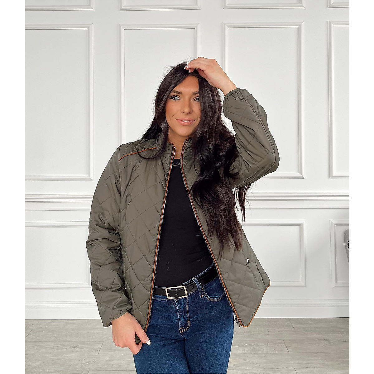 Anienaya Women's Lightweight Quilted Jacket Stand Collar Zip Warm Winter Coat Outwear w 2 Pockets