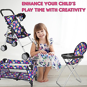 fash n kolor Doll 3 Piece Play Set Baby Doll Accessories - includes, 1 Pack N Play. 2 Doll Stroller. 3 Doll High Chair. Fits Up to 18'' Doll (Flower)