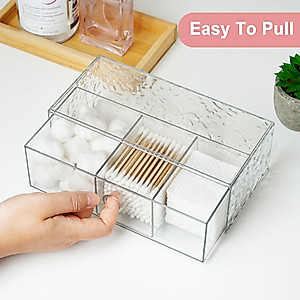 Qtip Holder, Small Makeup Organizer Drawer Case for Countertop, Bathroom Vanity Storage Holder for Cotton Swab, Ball, Floss, Lipstick, Jewelry (Clear)