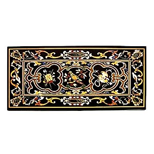 48" X 24" Inch Natural Black Marble Dining Table Pietra Dura Floral Marquetry Patio Table, Outdoor Furniture Table, Italian Style Table