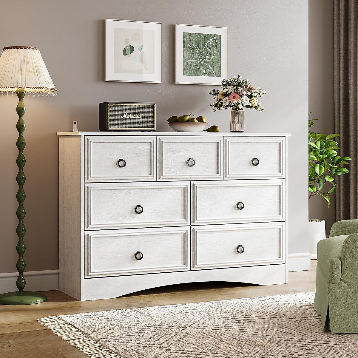 LGHM Modern 7 Drawer Dresser, Dressers for Bedroom, Chest of Drawers Closet Organizers and Storage Clothes - Easy Pulls Handle, Textured Borders Living Room, Hallway, White