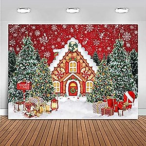 Mocsicka Christmas House Backdrop Christmas Candy House Snowflake Wonderland Pine Tree Photography Background for Kids Vinyl Cookie Exchange Kids Theme Birthday Party Decoration Banner (7x5ft)
