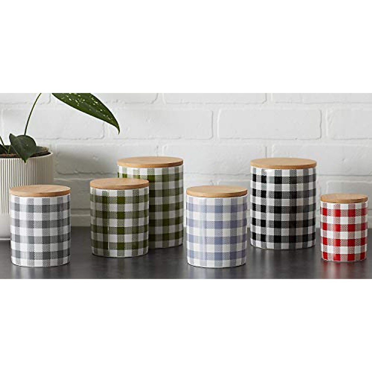 DII Ceramic Canister Sets for the Kitchen Food Safe Storage Containers with Lids, Large, Medium & Small, Buffalo Check, Red & White, 3 Count