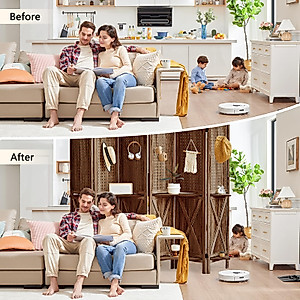 ALeesing 6 Panel Pegboard Display with 24 Hooks, Wooden Pegboard Room Divider Wall with Shelf, Rustic Room Dividers and Folding Privacy Screens, Bedroom, Jewelry Store, Brown