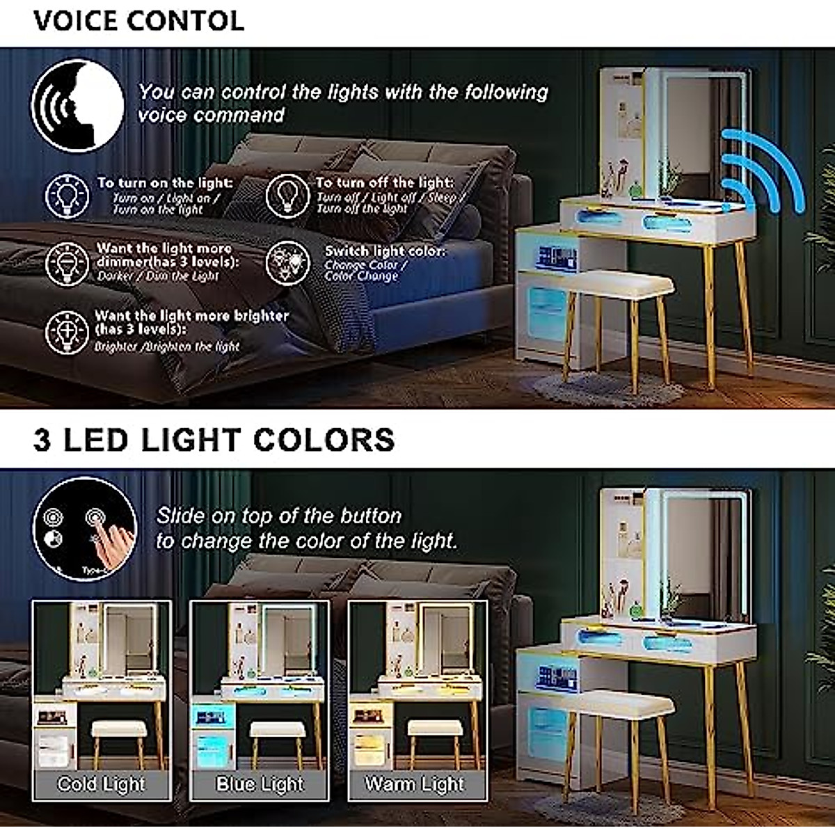 FOMNEY Vanity Set with Mirror ＆ Lights, Makeup Vanity Desk with Wireless Charging Station, Makeup Vanity Including Stools, Vanity Table ＆Dressing Table with Storage Drawers for Bedroom(White)