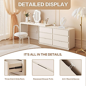 Guyii Makeup Vanity Set, Extendable Vanity Table with 6 Drawers, Modern Dressing Table with LED Makeup Mirror and Chair, Girl's Dresser, Bedroom Dresser