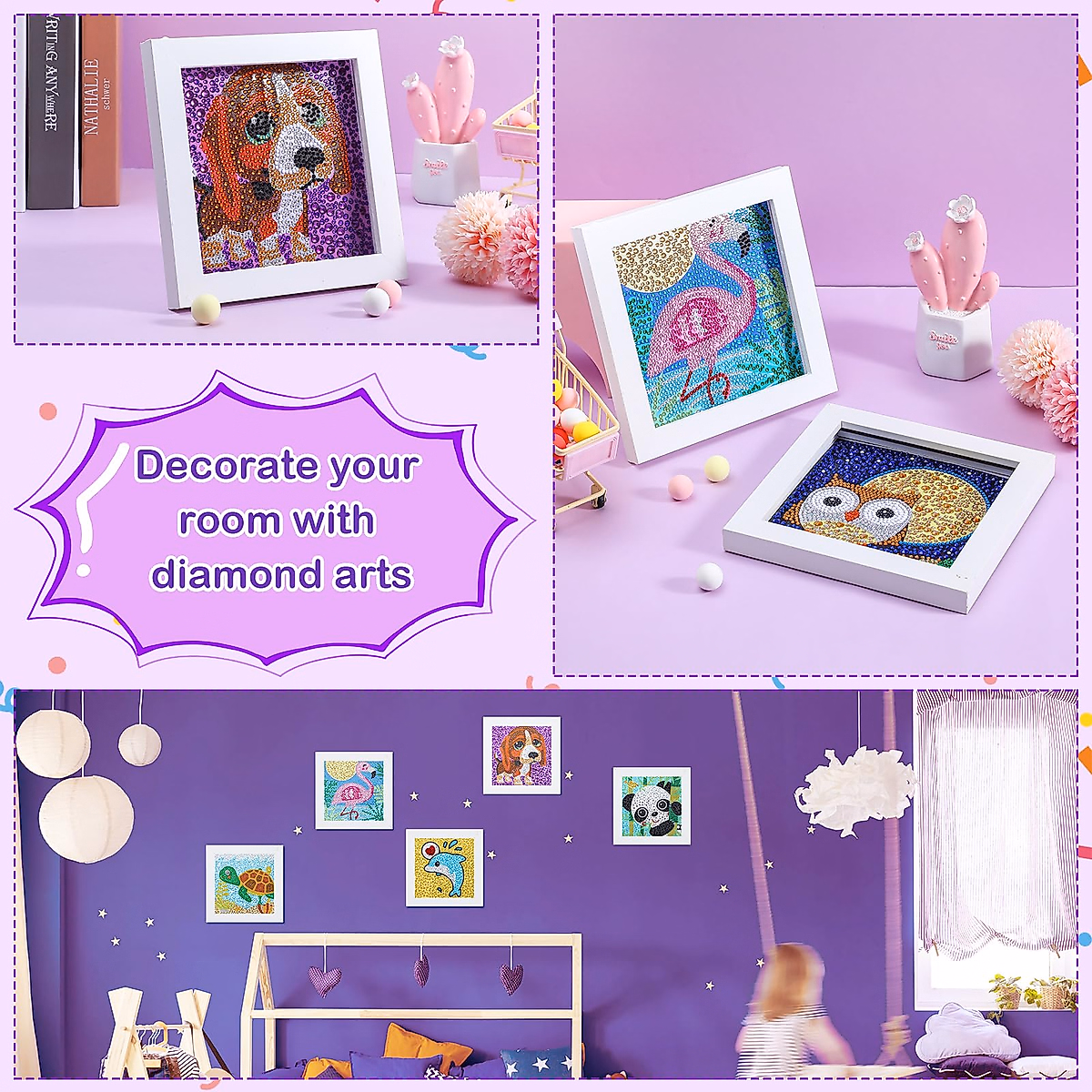 Epakh 8 Pieces Diamond Art Kits for Kids Diamond Art Kits Animal Gem 5D Painting Kit Crystal Easy to DIY Painting by Number Kits Home Wall Decoration (Classic Style)