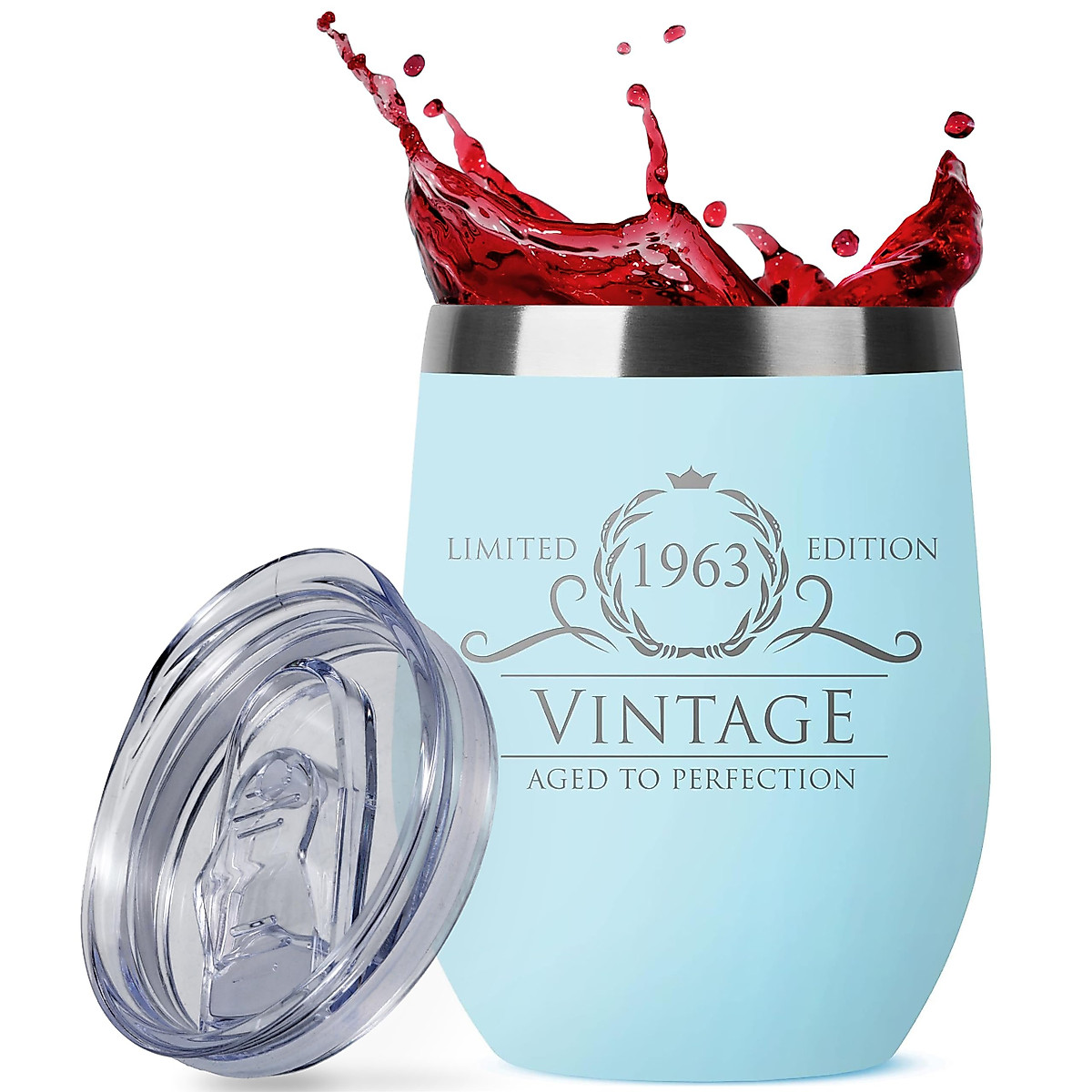 60th Birthday Gifts for Women - 1963, 12 oz Seaside Stemless Wine Tumbler - 60th Birthday Decorations for Women - Birthday Gifts for 60 Year Old Women Mom - Funny 60th Birthday Idea Presents for Women