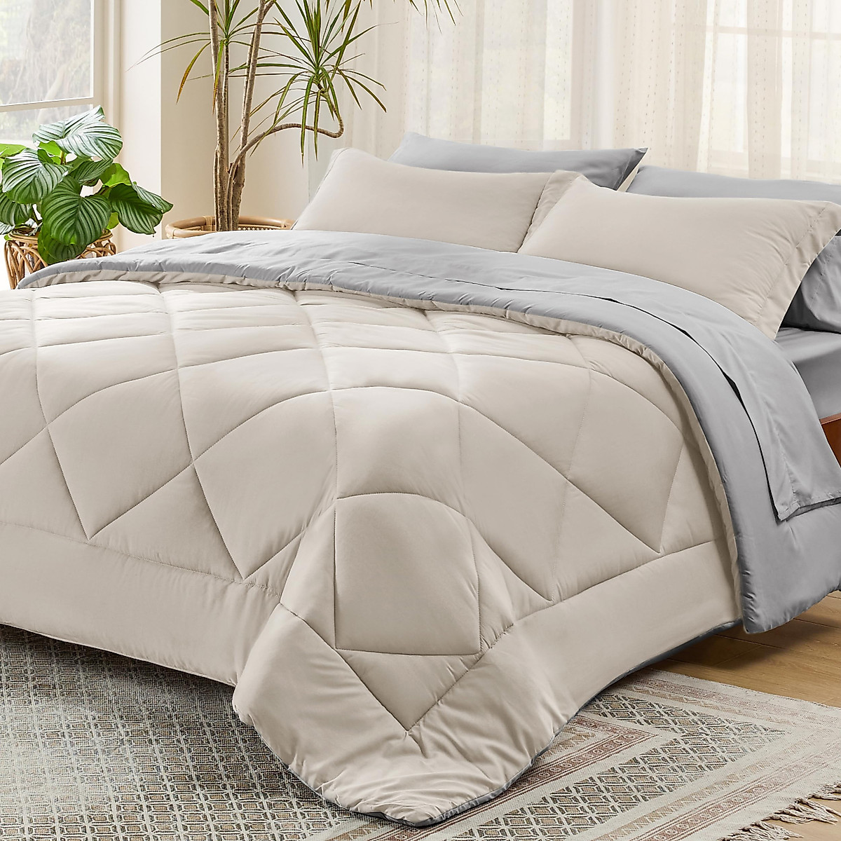 Bedsure Beige Comforter Set - 7 Pieces Reversible Bed in a Bag with Comforters, Sheets, Pillowcases & Shams, Bedding Sets