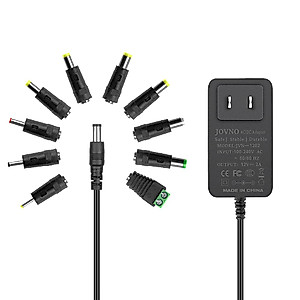 JOVNO 12V 2A 24W Multi Tips(10pcs) Switching Power Adapter, 100-240V AC to DC 12V Power Supply RGB LEDs Driver with 5.5x2.1mm 4.0x1.7mm 3.5x1.35mm for LED Strip Light Camera Router LCD Monitor DC Pump