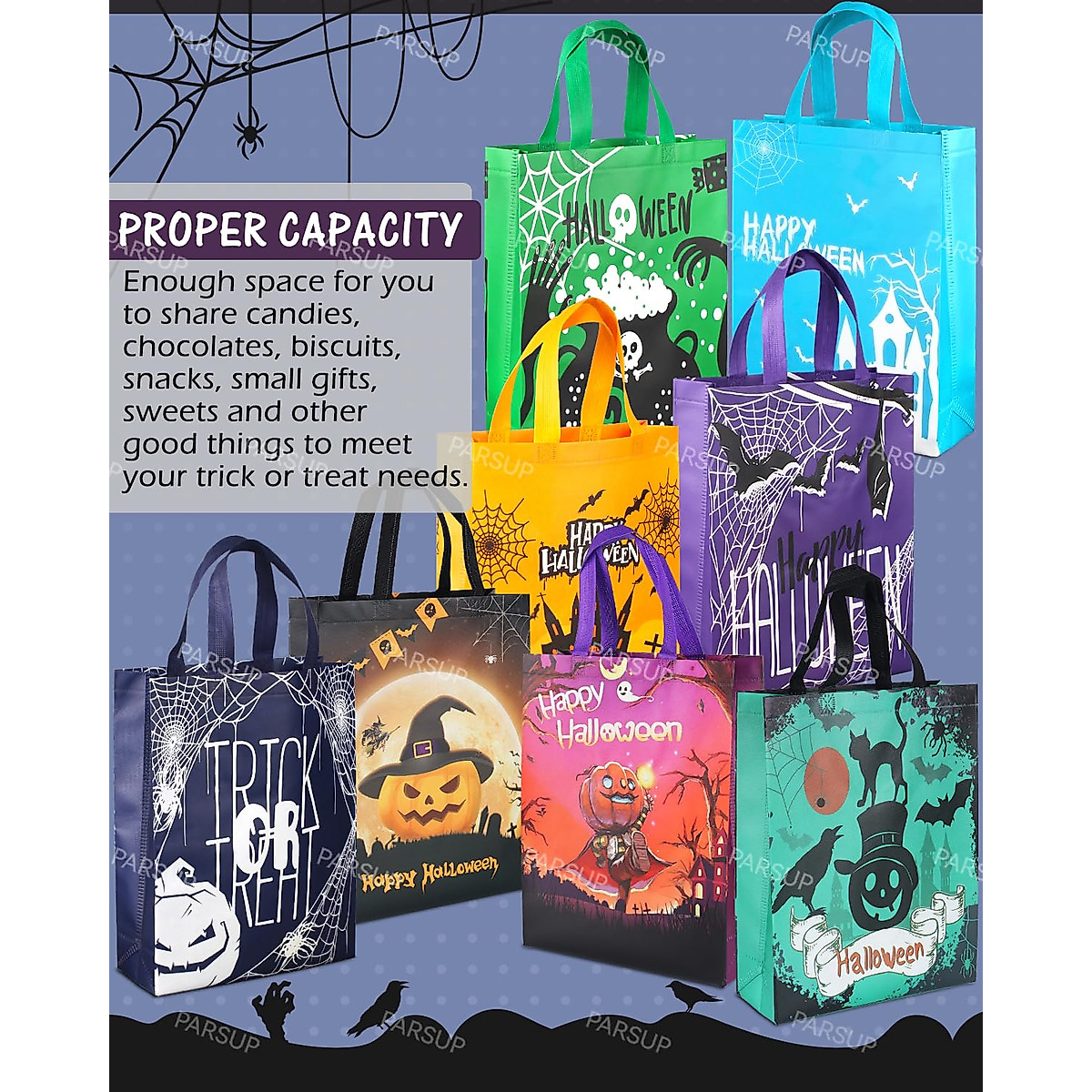 PARSUP 8PCS Halloween Trick or Treat Bags,Halloween Tote Bags with Handles, Gift Bags, Non-Woven Halloween Bags for Gifts Wrapping, Trick or Treat, Halloween Party Supplies, 15"×11.8"×3.9"