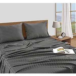 100% Egyption Cotton Cal King Solid Sheet Set & Damask Striped Sheets Set of 2 Combo- 800 Thread Count Sateen Weave Cal KIng Size Solid Sheets & Striped Sheets, Deep Pocket Cotton Bedsheets - Charcoal