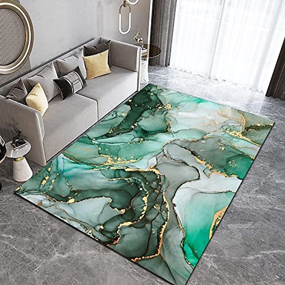Abstract Emerald Green Marble Area Rug, Modern Abstract Fluid Art Decorative Rug, Easy Clean Carpet with Anti-Slip Backing for Bedroom Living Room Dining Room Office 5ftx6ft