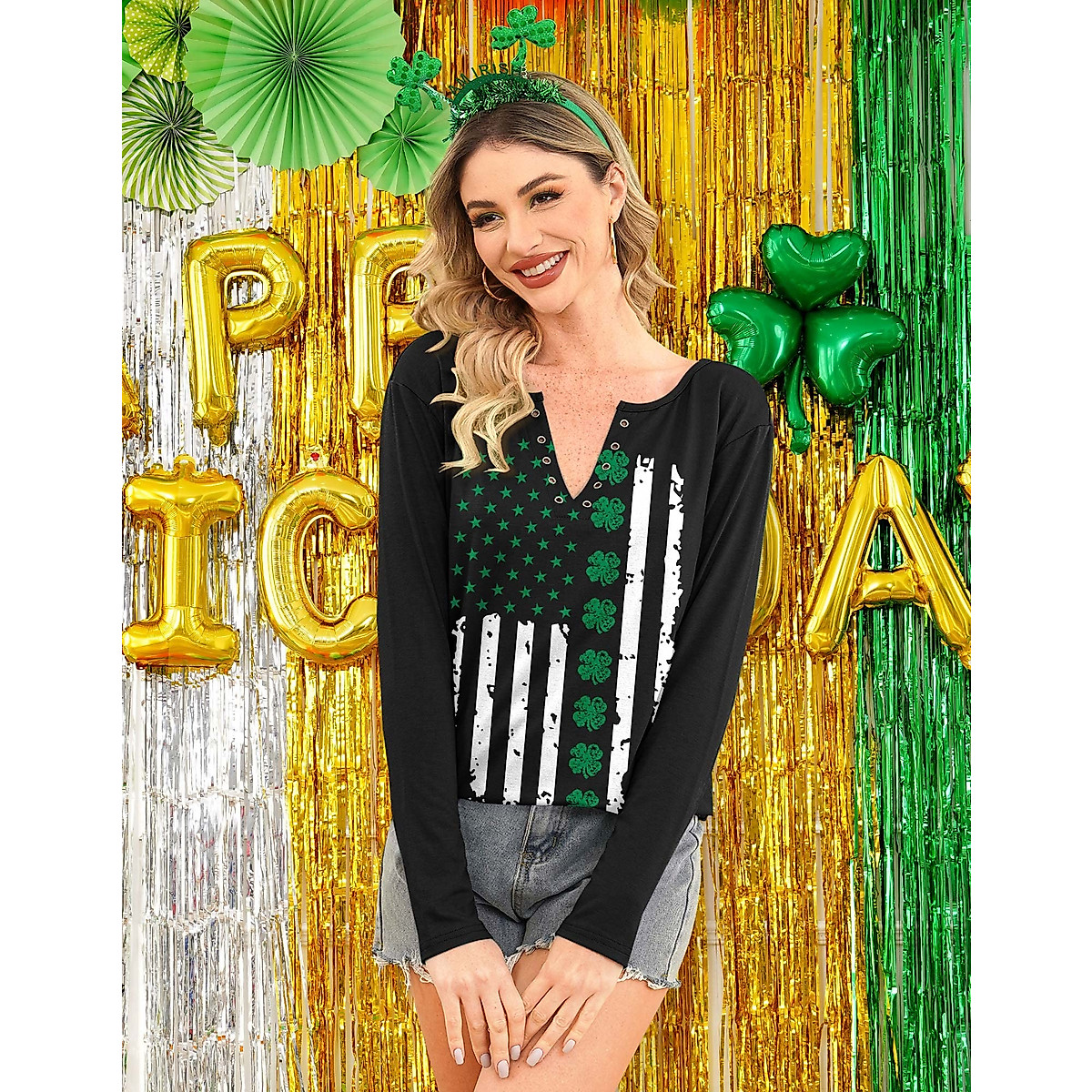 For G and PL St Patricks Day Graphic V-Neck Women's Outfits Casual Four Leaf Pullover Ireland Shirt Shamrock Flag M