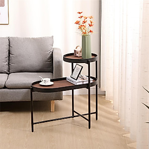 Modern 2-Tier Side Table Black Metal Frame with Wood & PU Tray End Tables Sofa Table for Living Room, Bedroom, Sofa Couch, Hall